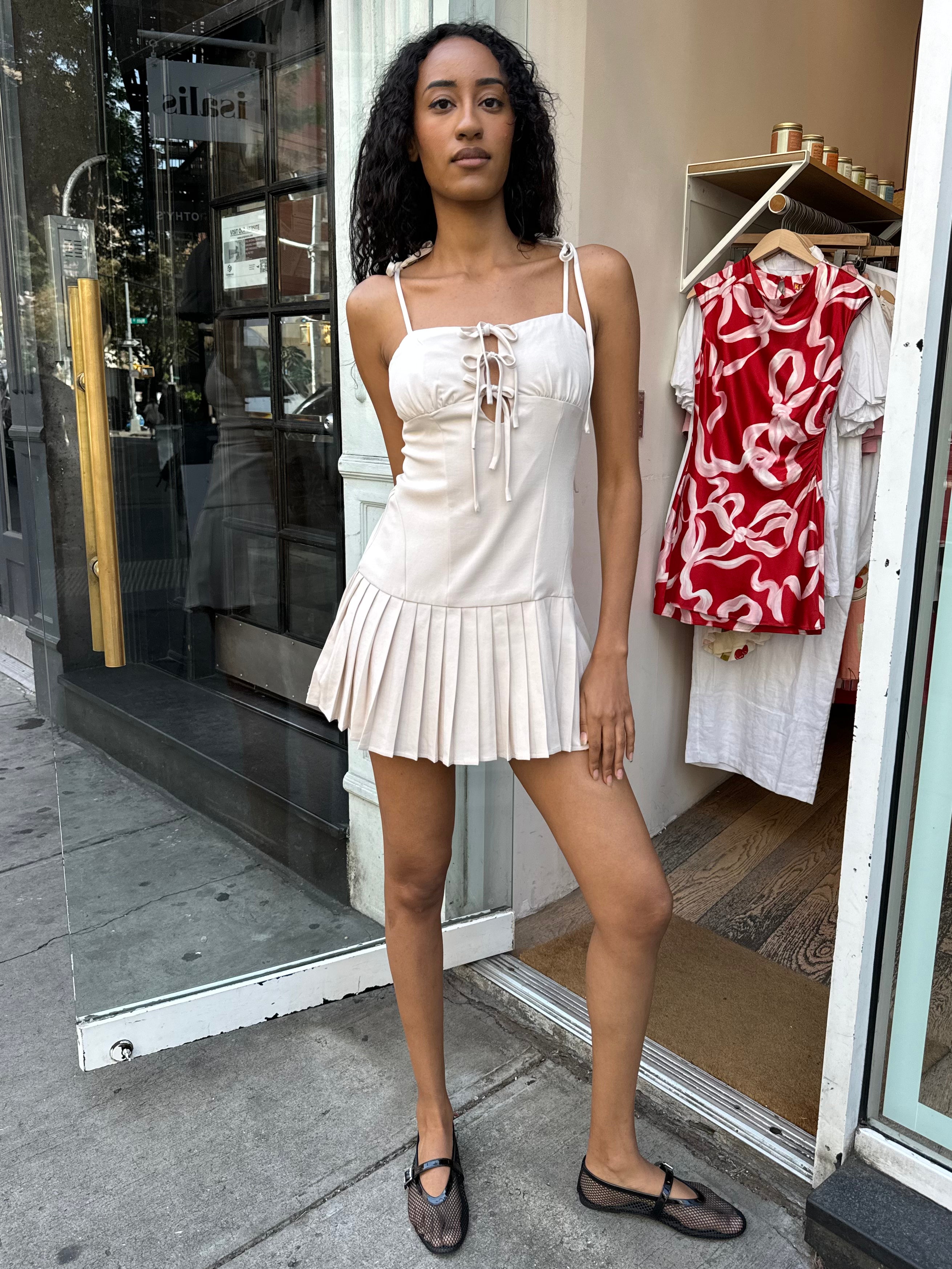 Beatrice Pleated Dress in Stone – Isalis